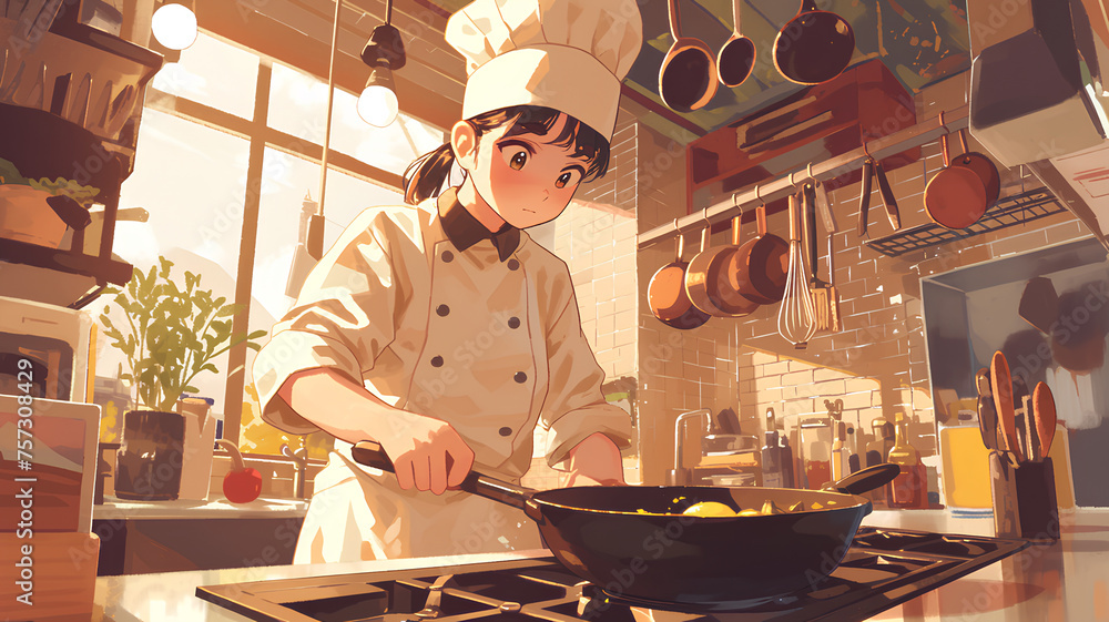 anime female chef cooking in restaurant kitchen Stock Illustration ...