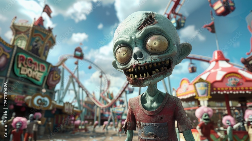 A 3D cartoon animation of zombies at an amusement park, enjoying roller ...