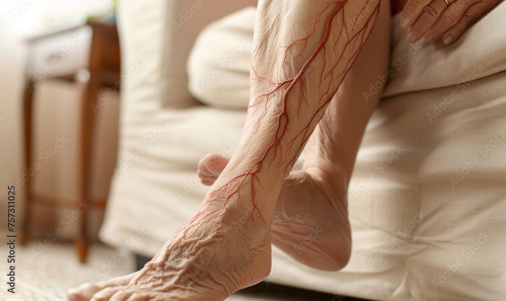 Varicose veins showing the effects of blood clots on the skin of an ...