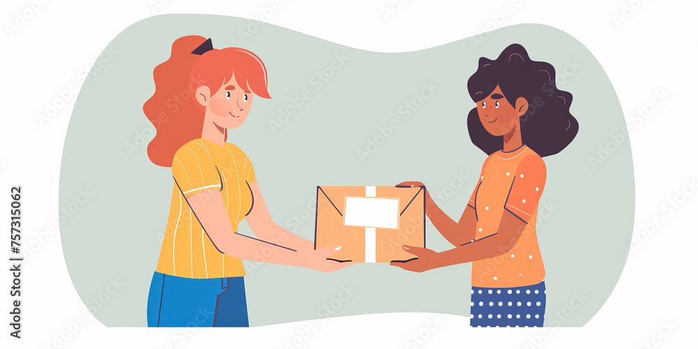 Charity, artwork and illustration of cartoon women donating a parcel ...