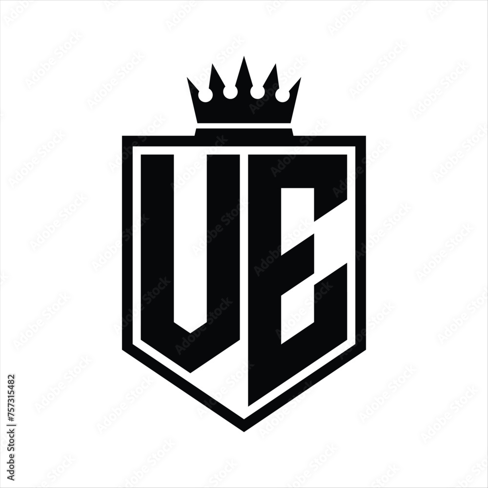 VE Logo monogram bold shield geometric shape with crown outline black ...