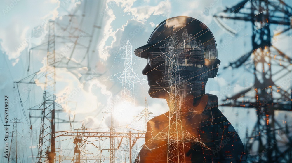 Male industrial, Electrical engineer with helmet and blueprints in ...