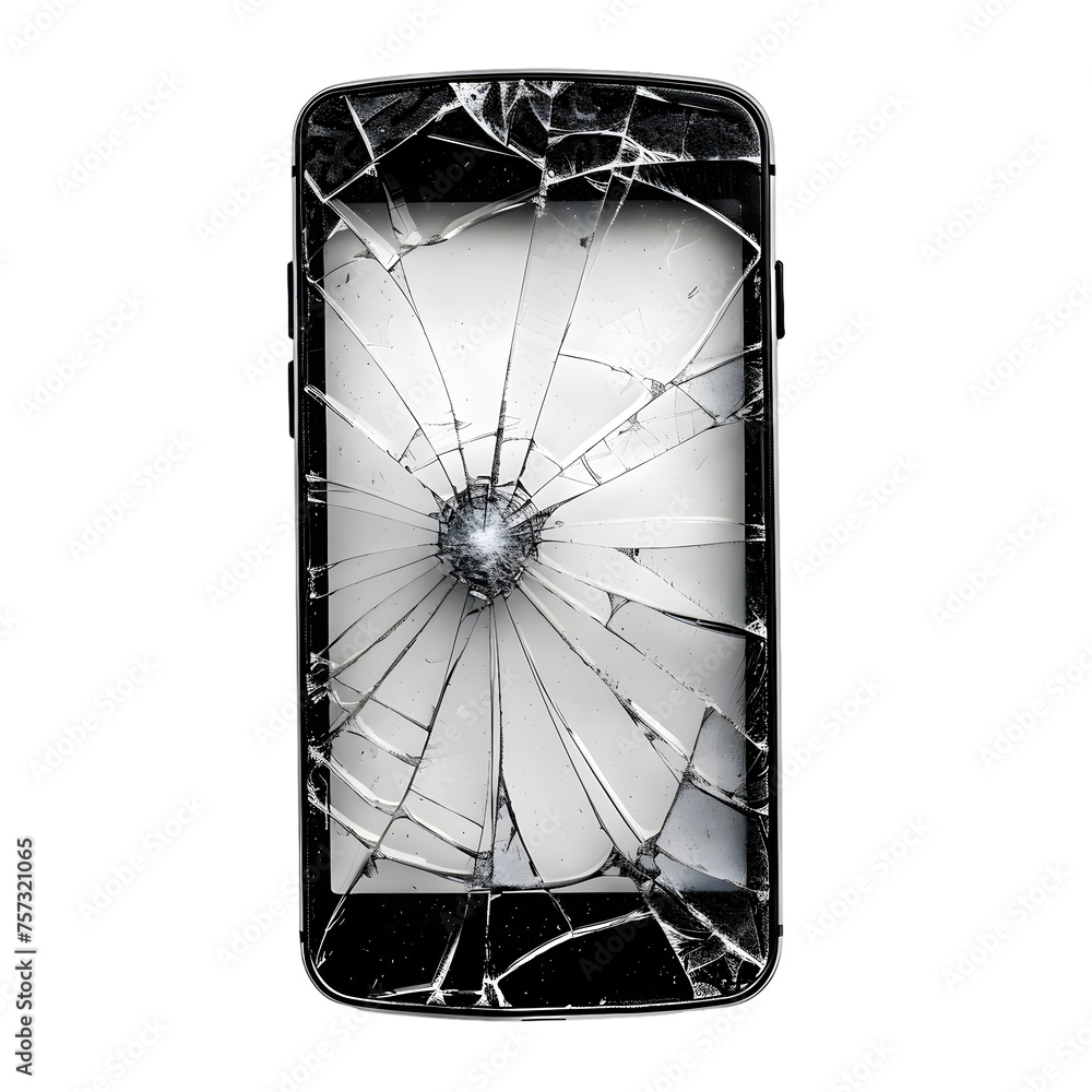 Broken screen on cell phone top view, isolated on transparent ...