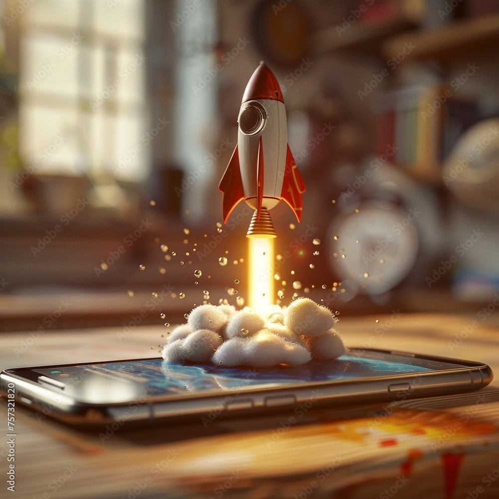 rocket flying out of smartphone on a table taking off into the future ...