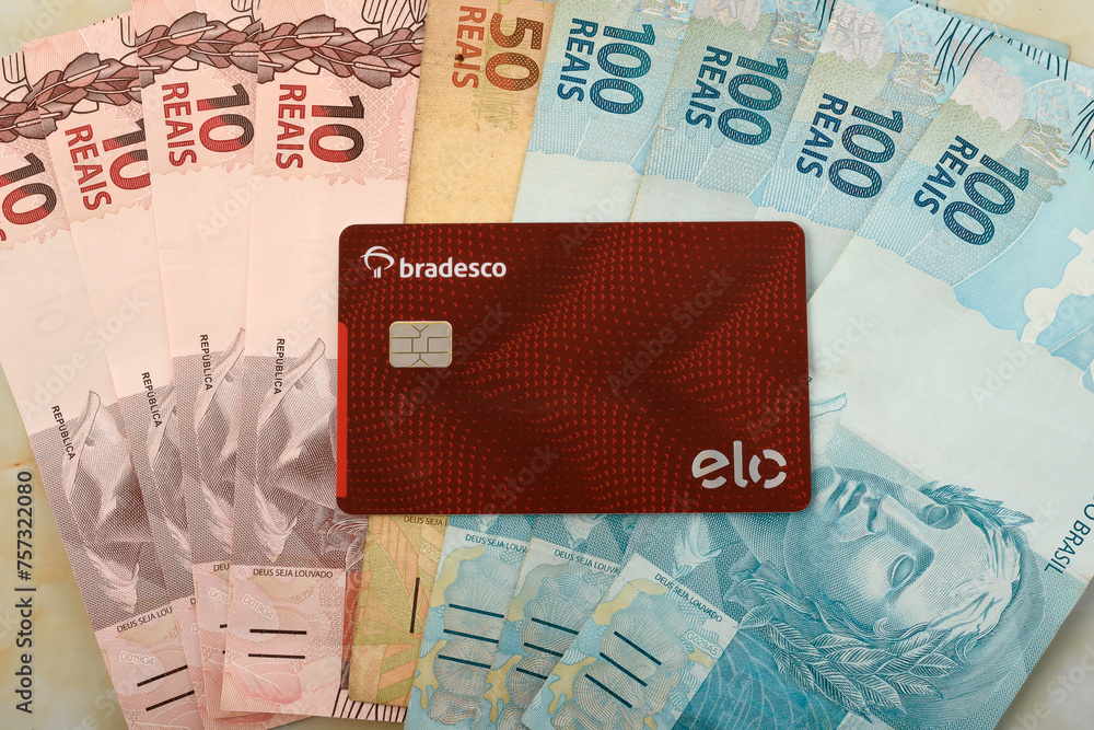 São Paulo, Brazil- March 12, 2024 Bradesco card with elo logo, red card ...