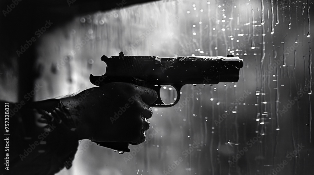Through a fogged window the outline of a male hand holding a gun is ...