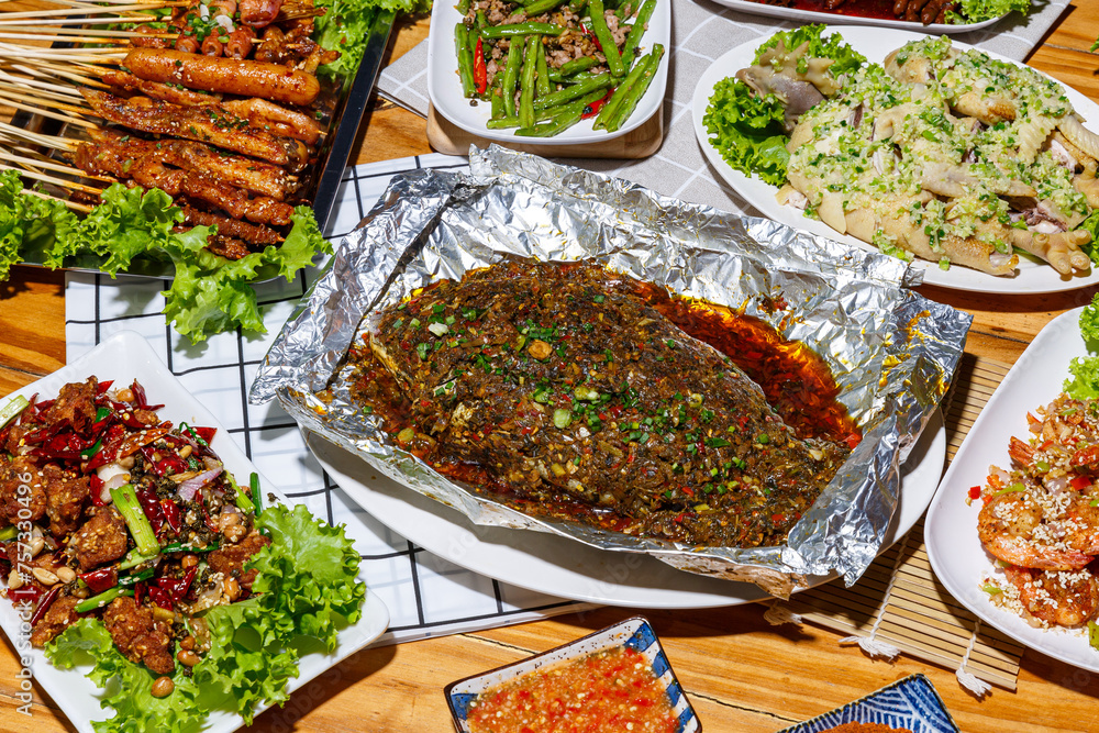 Mala restaurant food. grill fish with herbs, Spicy Century Egg Salad ...