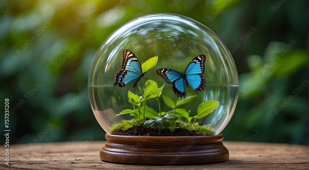 Concept of World Environment Day. Glass globe with a butterfly. the ...