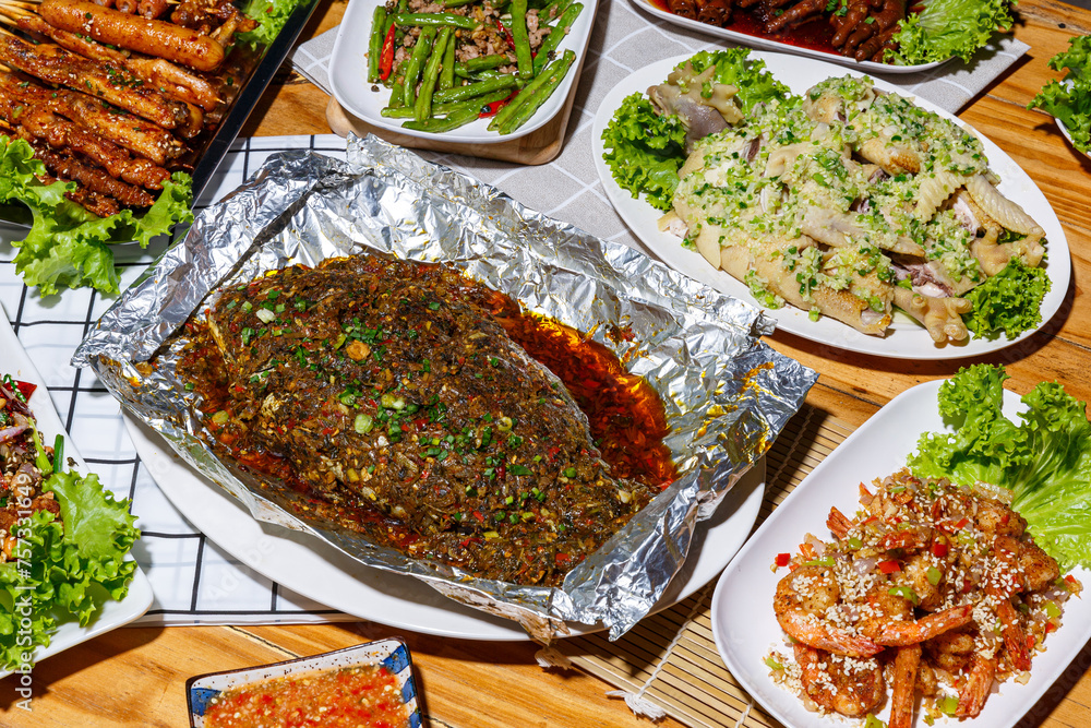Mala restaurant food. grill fish with herbs, Spicy Century Egg Salad ...