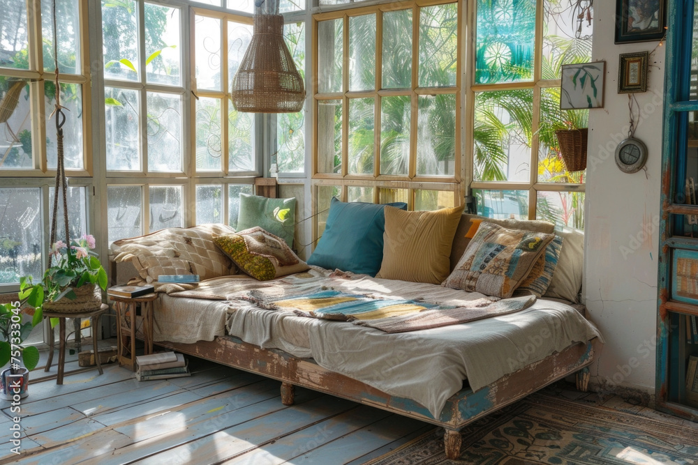 Vintage rustic sofa bed with pillows in the bright living room with ...