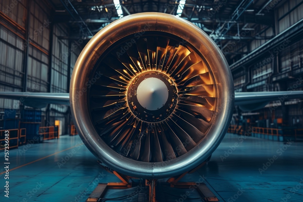 Aircraft jet engine. Powerful airplane turbo motor wheel. Generate ai ...