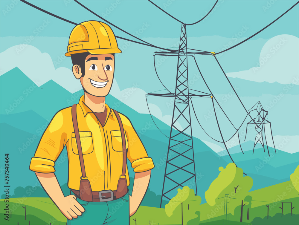 Cartoon man with hard hat and suspenders smiling under power line in ...