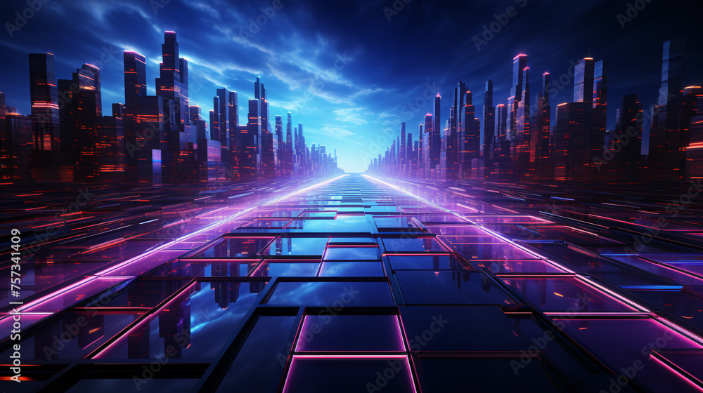 Dark cyberpunk city surreal landscape with neon glow light, virtual ...