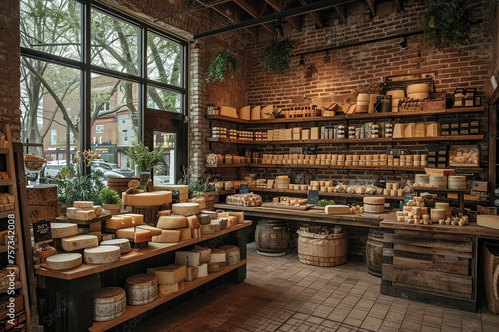 A gourmet cheese shop, with wheels of artisanal cheese and charcuterie ...