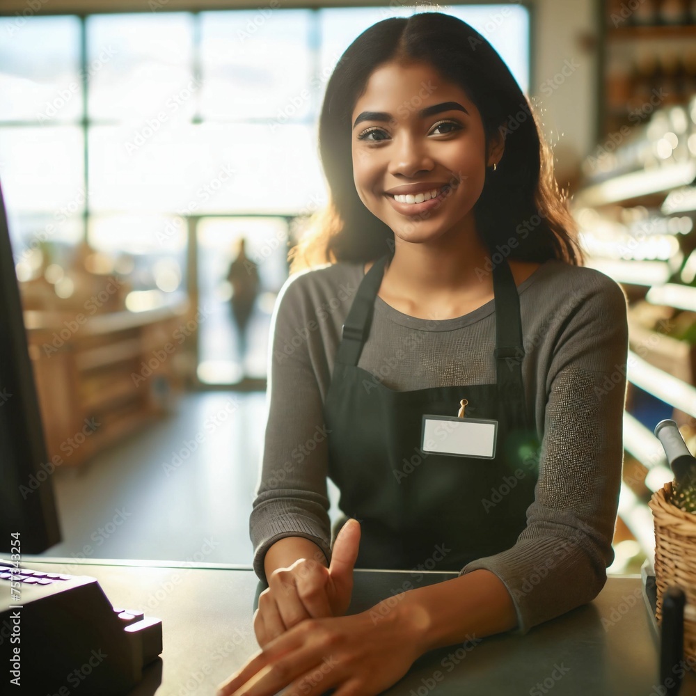 Smiling young woman working as cashier at checkout counter of a grocery ...
