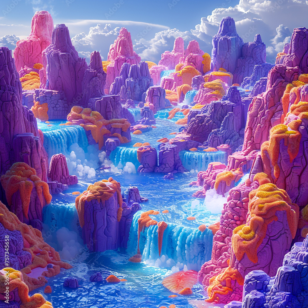 A 3D cartoon valley of geysers and hot springs each eruption sending up ...