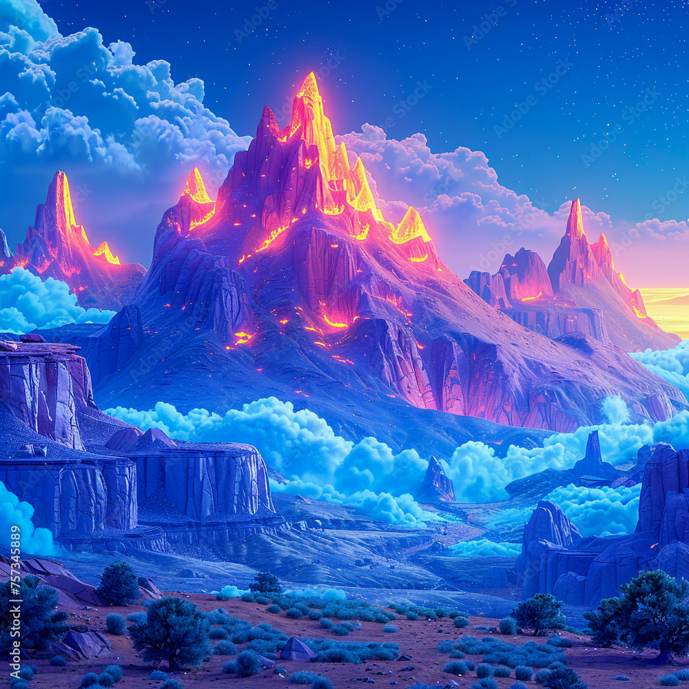 A towering animated mountain range borders a lively desert each peak ...