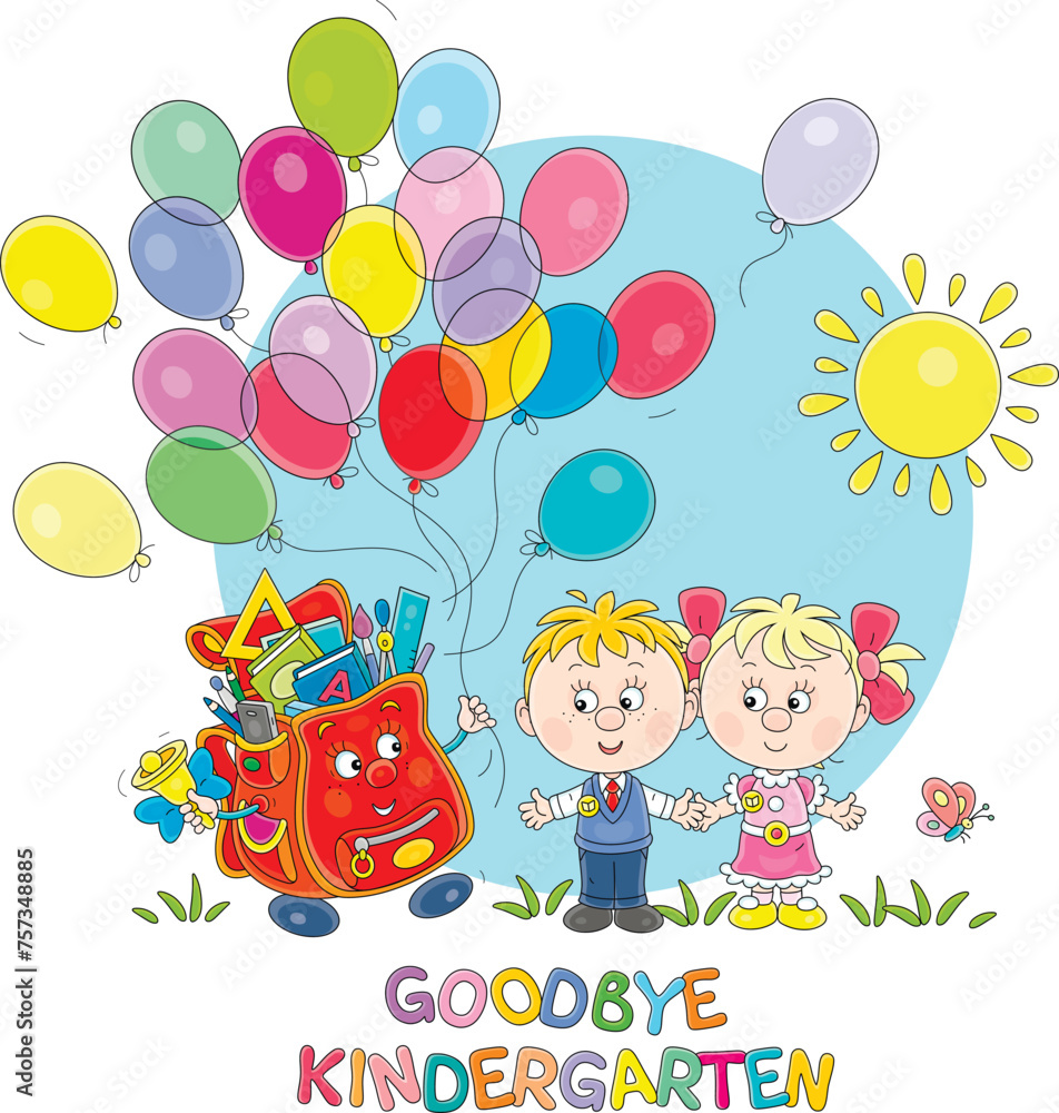 Goodbye kindergarten card with a happy little girl and boy and a funny ...