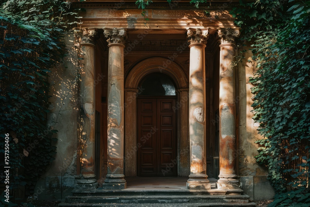 Ancient school entrance with tall columns, wooden door, and ivy-covered ...