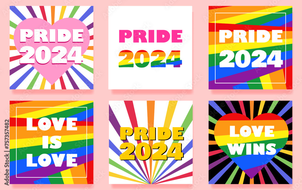 Set of Pride month 2024 logo card with flag. Vector banner, rainbow ...