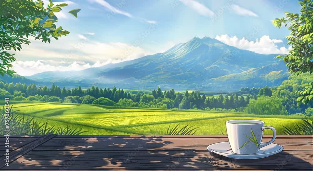 Anime illustration of a cup of drink with a view of rice fields in the ...