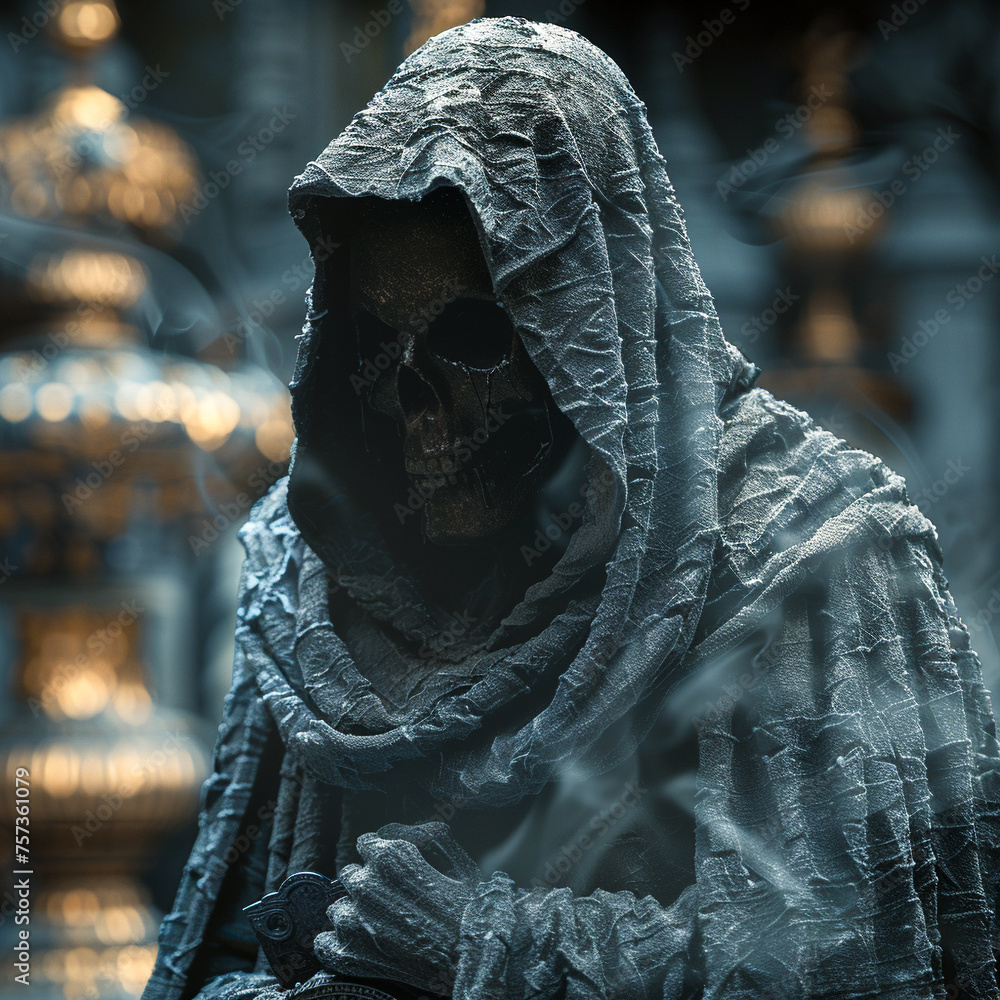A mysterious hooded figure with a skull face exudes an eerie and ...