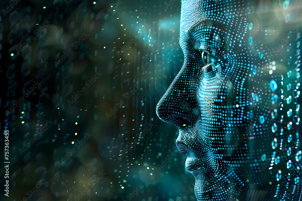 Female face with matrix digital numbers artifical intelligence AI theme ...
