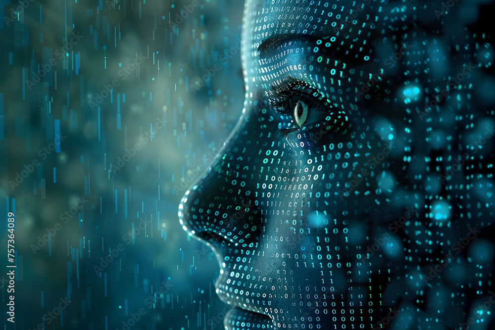 Female face with matrix digital numbers artifical intelligence AI theme ...
