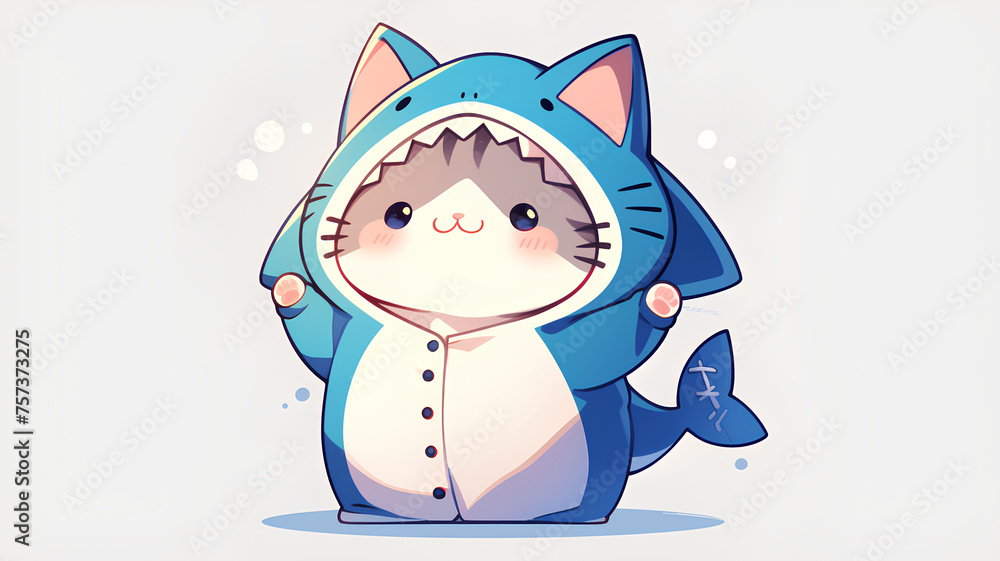 cat wearing blue shark costume anime onesie Stock Illustration | Adobe ...