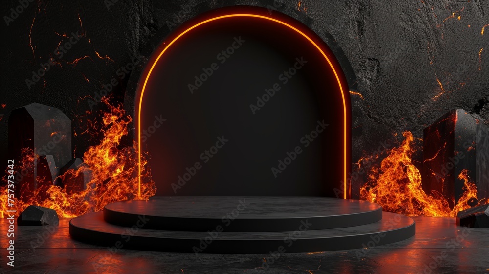 Black podium with fire pit is surrounded by architectural arches in a ...