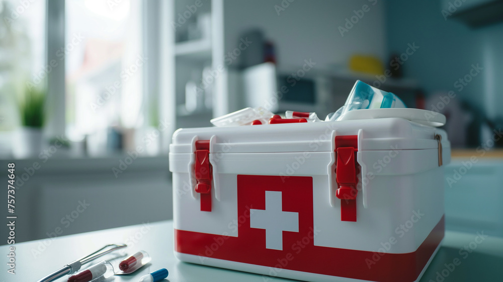 An open first aid kit with tools and medications, highlighting ...