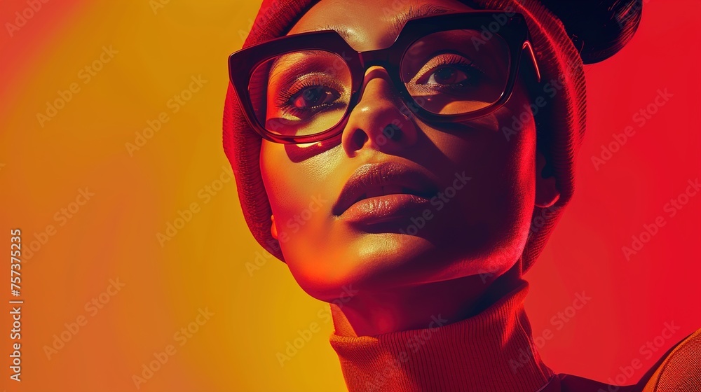 A poster design featuring a model wearing glasses, set against a solid ...