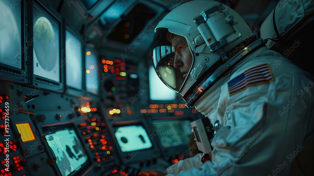 an astronaut wearing white space suit and helmet, in control room on a ...