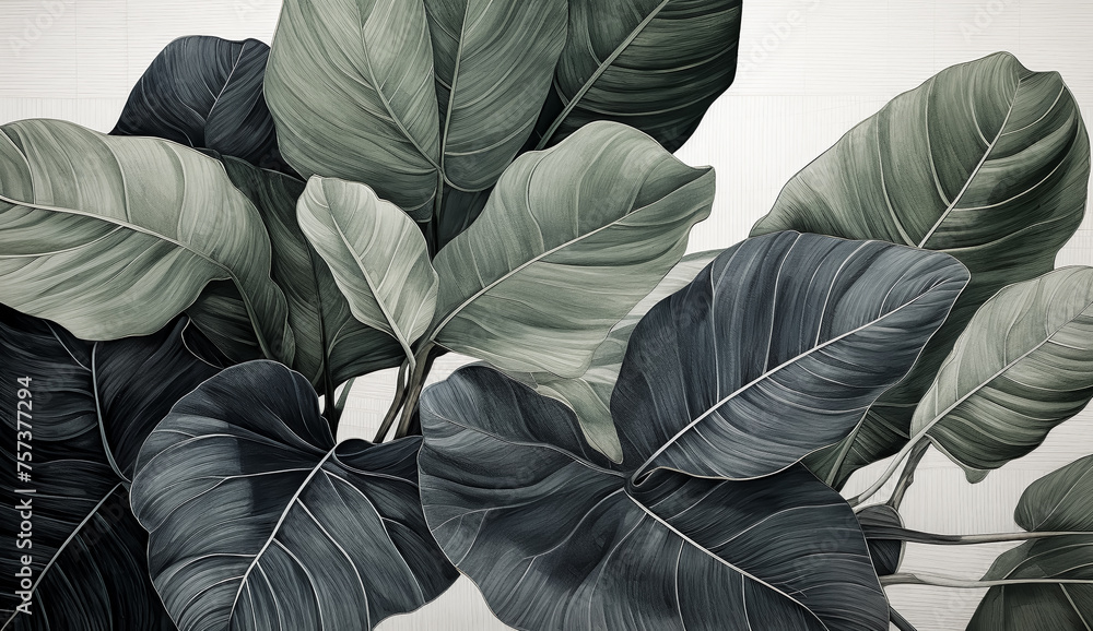 Abstract pencil color drawing art of Fiddle Fig plant leaves pattern ...