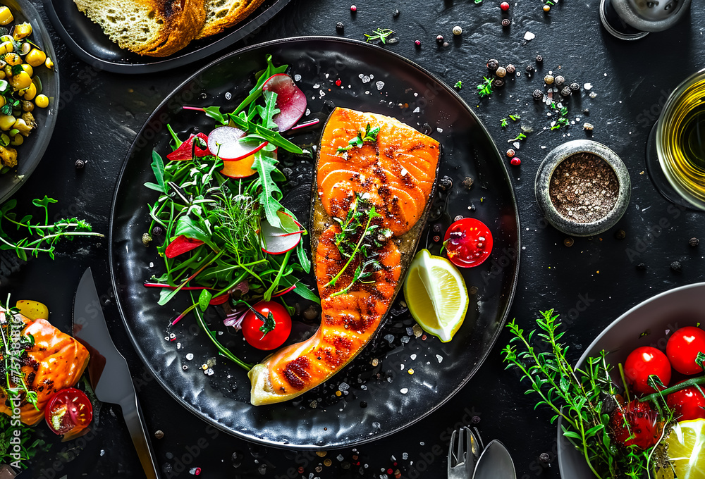 Top view of premium salmon steak set in luxury dinner table set.food ...