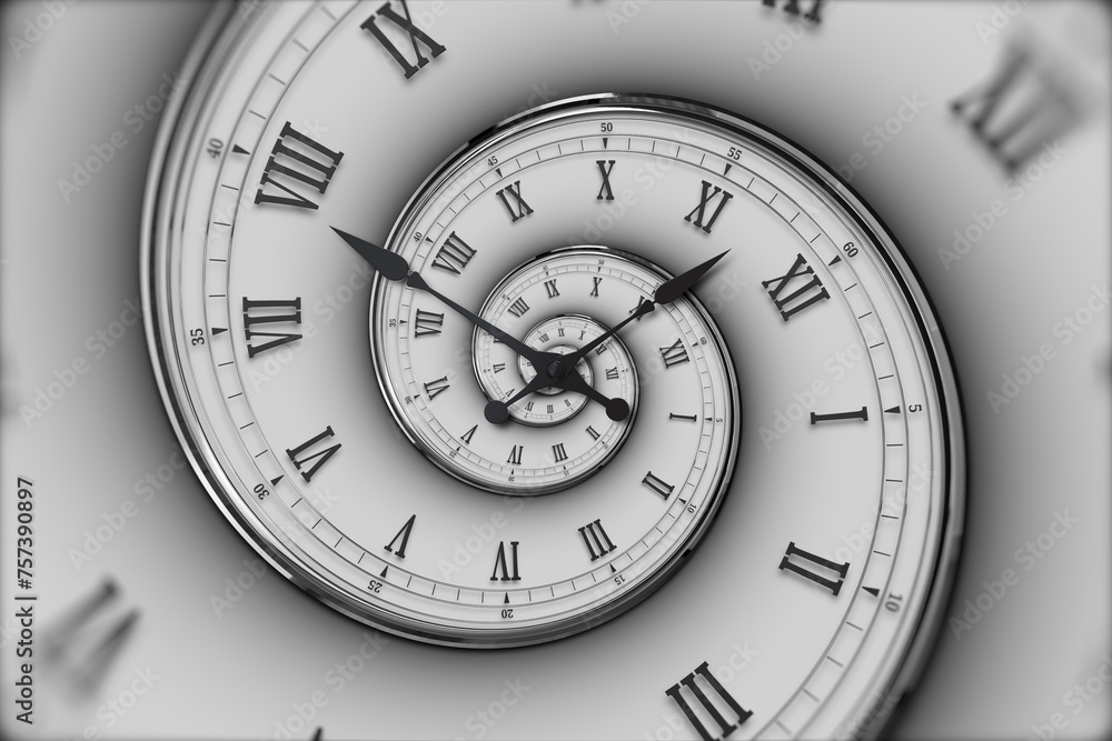 Abstract modern white spiral clock dial with roman and arabic numerals ...
