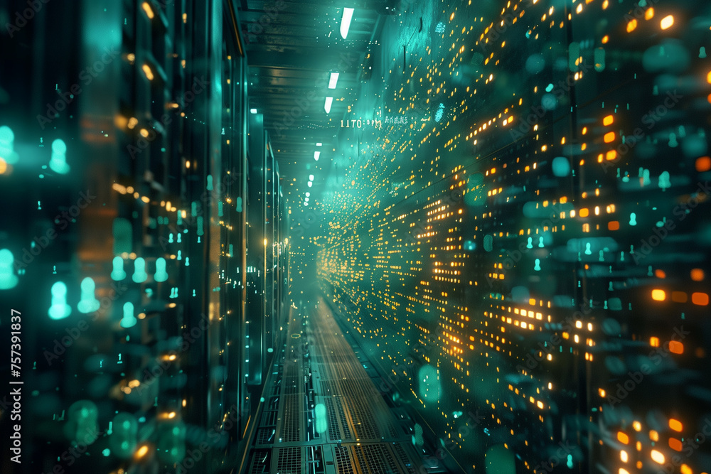 Data streaming in a server room with dynamic light trails, depicting ...
