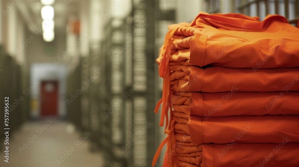 Foto de Folded orange prison suit washed inside the prison in a cell in ...