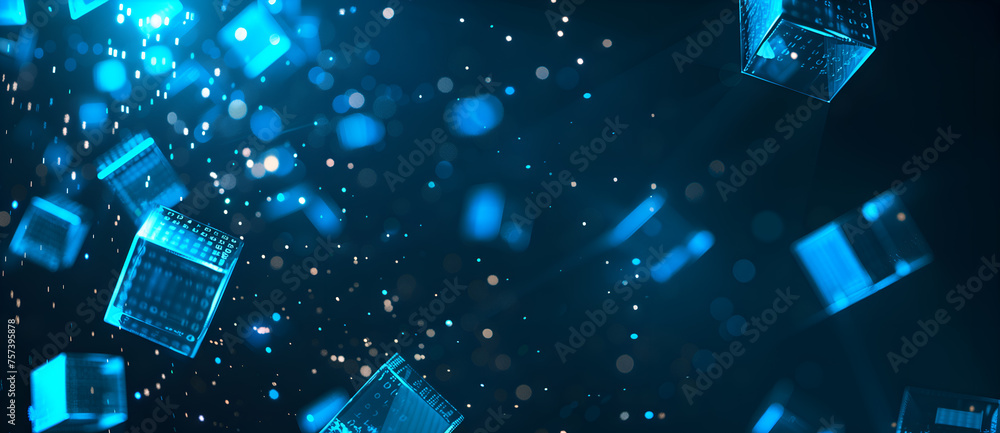Abstract blue glowing background with cubes and binary code, depicting a data transfer concept ...