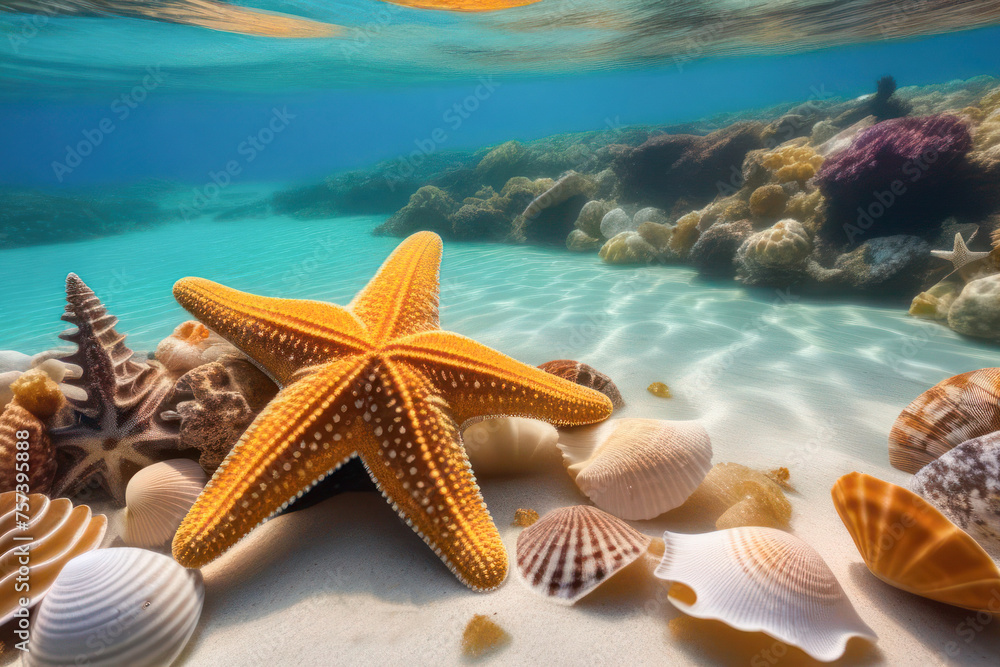 starfish underwater in shallow water. The underwater world during ...