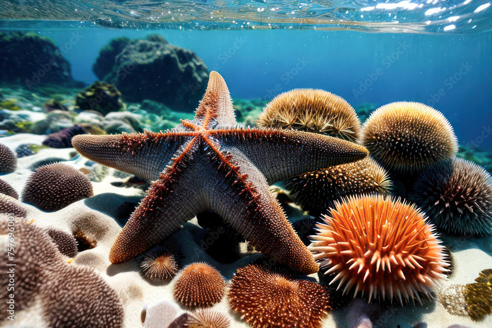 starfish underwater in shallow water. The underwater world during ...