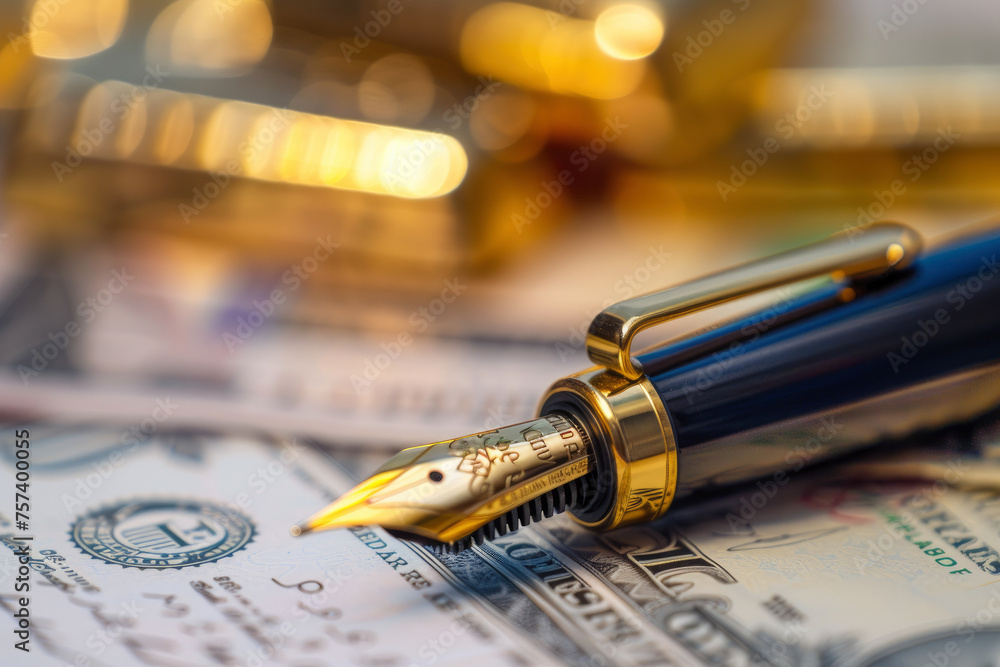 A pen is on top of a stack of money. The pen is gold and silver, and it ...