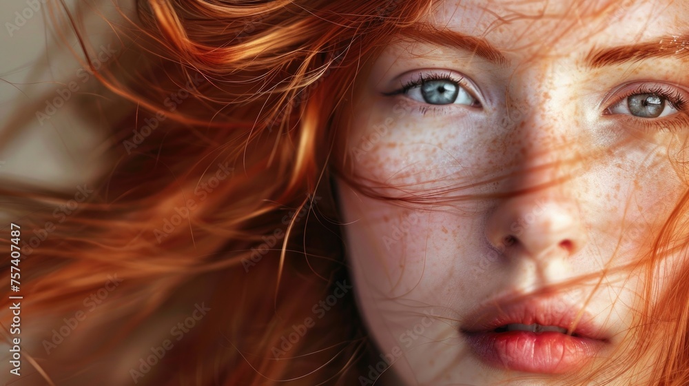 An evocative close-up of a redheaded woman's face, her hair swirling ...