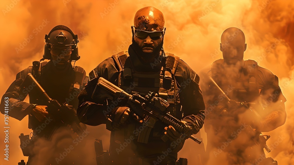 Special forces team in action amidst smoke. armed tactical squad on ...