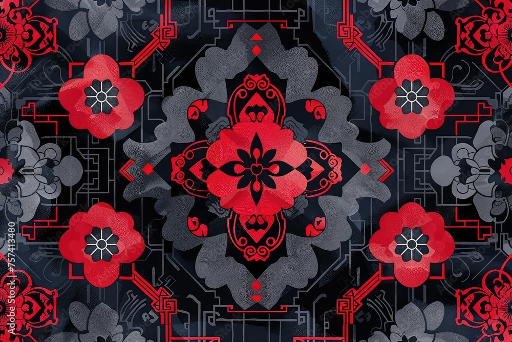 Abstract digital art with Asian motifs, dark gray backdrop, vibrant ...