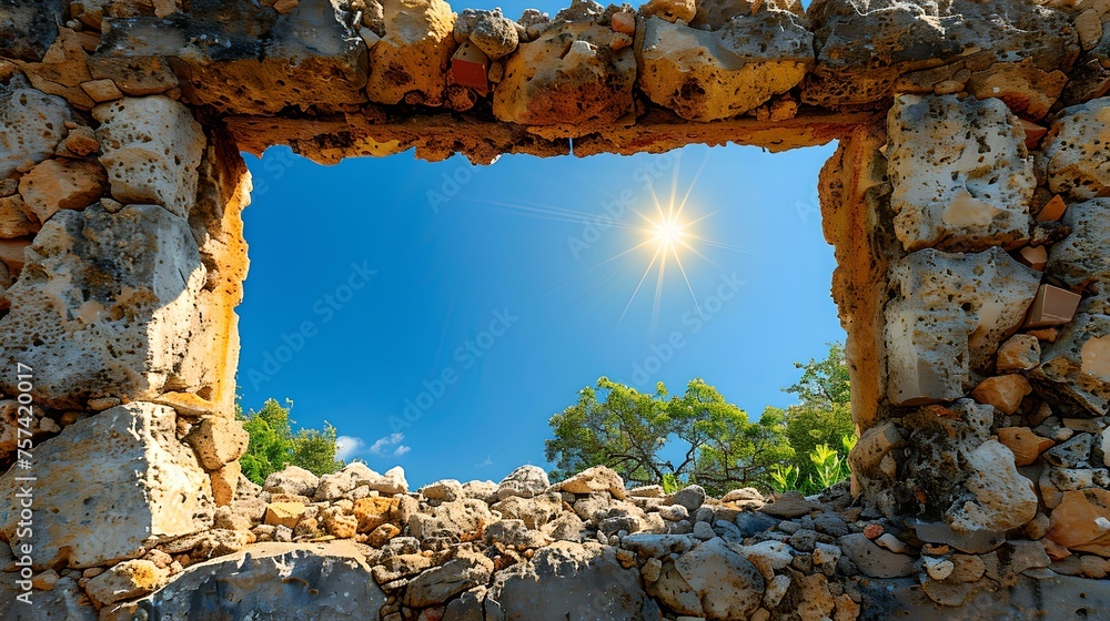 Sunny day through ancient stone ruins window, blue sky, natural frame ...