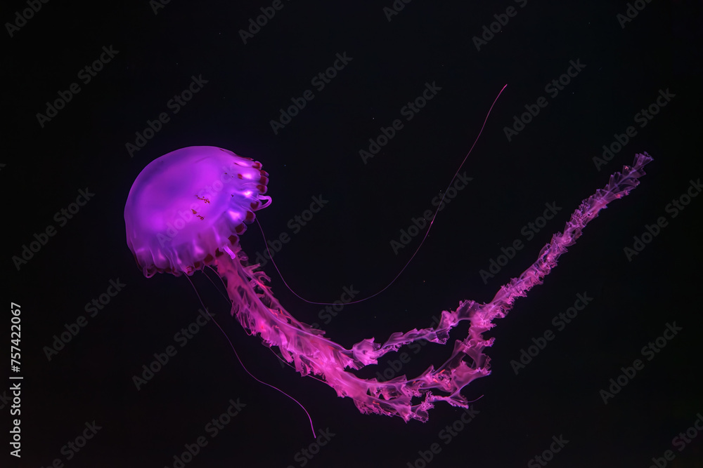 Purple-striped Jellyfish, Chrysaora colorata swimming in dark water of ...
