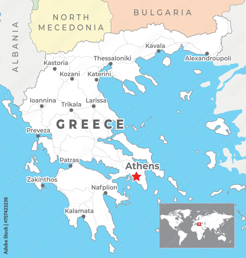 Greece political map with capital Athens, most important cities and ...