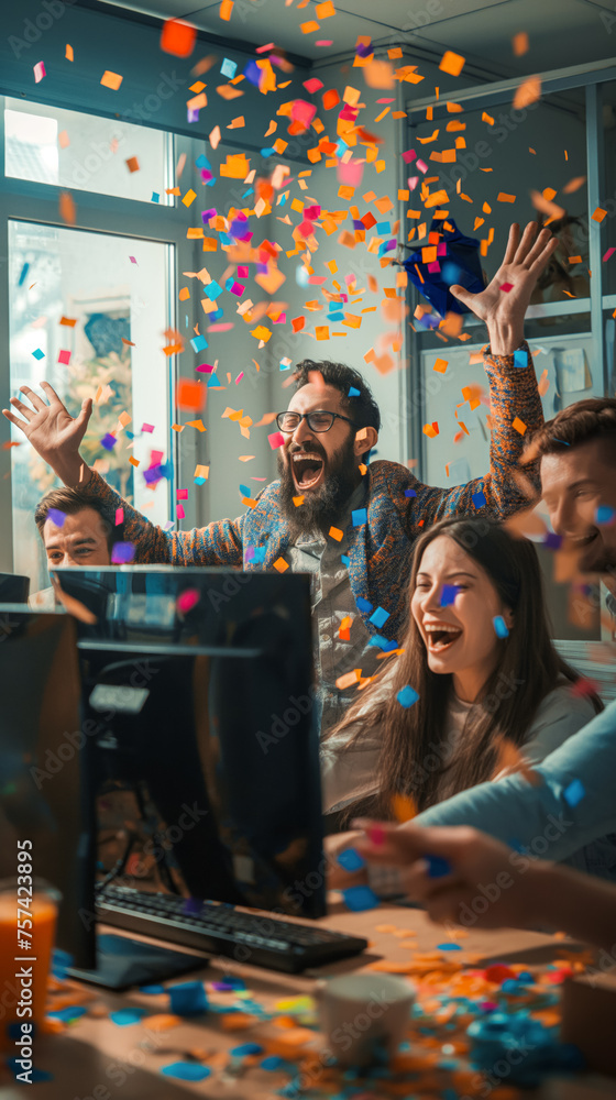 Vertical group portrait of colleagues rejoicing at the achieved success ...