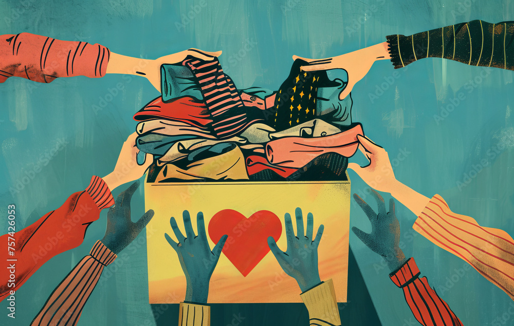 Charity, artwork and illustration of colourful hand donating clothes to ...